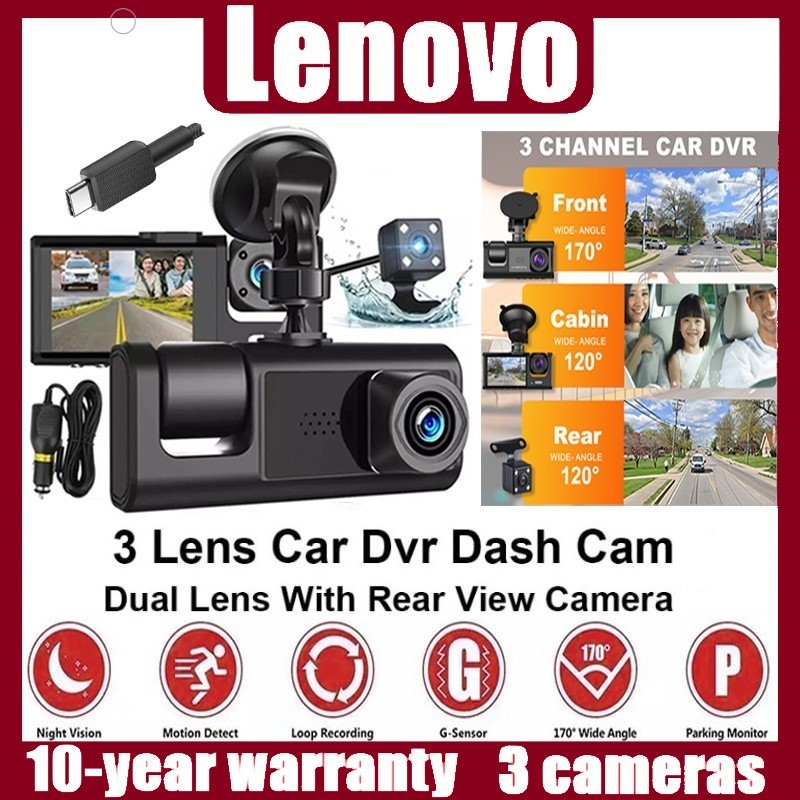 Lenovo Dash Cam For Car Front And Back With Night Vision 360 Three Lens ...
