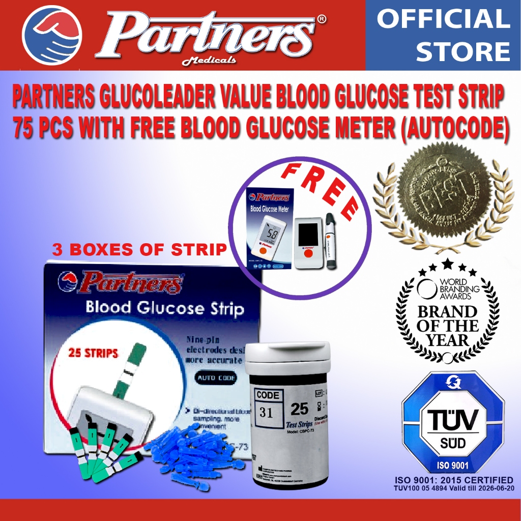 Partners GlucoLeader Value Blood Glucose Test Strip 75 pcs with Free ...