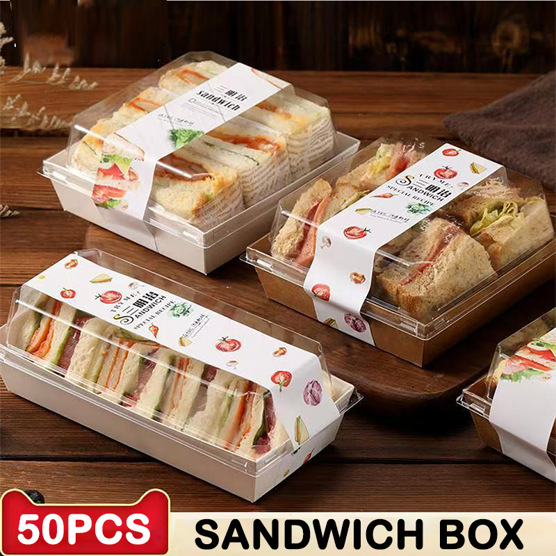 50PCS Square Sandwich Gift Box Kraft Paper Cake Box Transparent Square ...