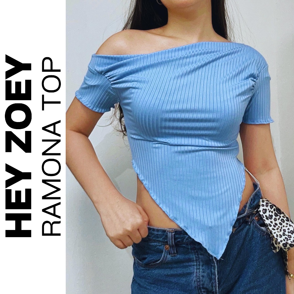 HEY ZOEY Ramona Asymmetrical Neck Shoulder Ruffle Raw Hem Lettuce Trim ...