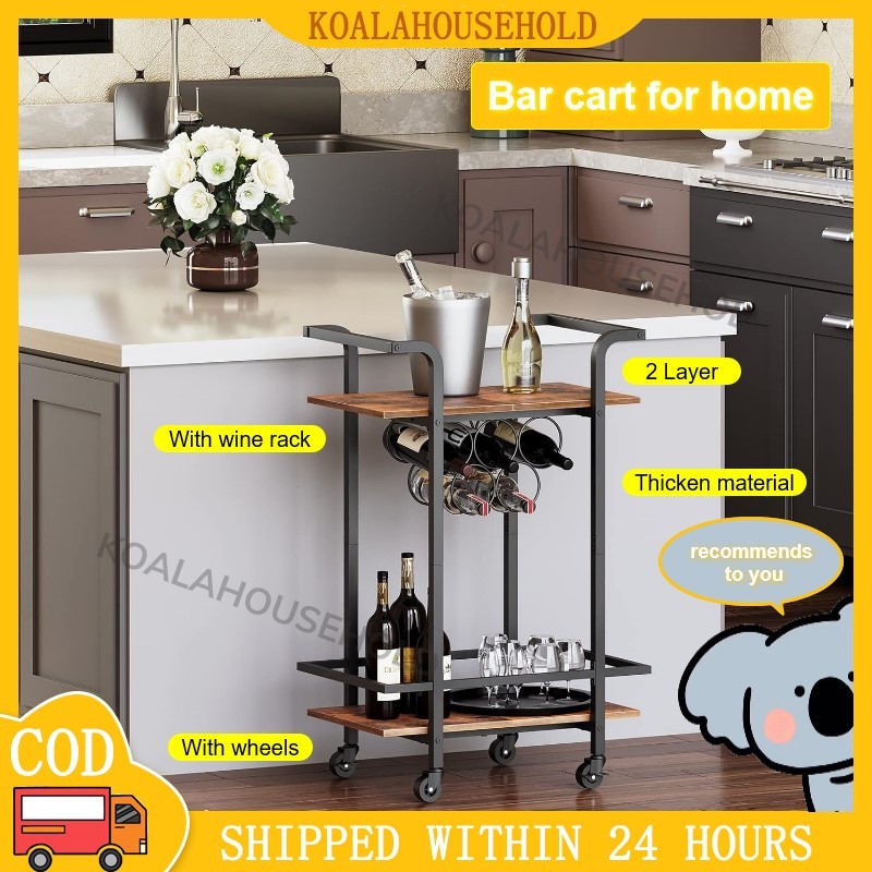 2 Layer bar car with wood broad thicken coffee tea table cart with wine ...