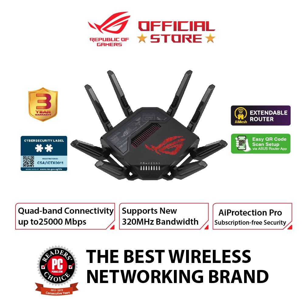 ASUS ROG Rapture GT-BE98 Quad-band WiFi 7 BE25000 AiMesh Gaming Router with Dual 5GHz, Dual 10G ...
