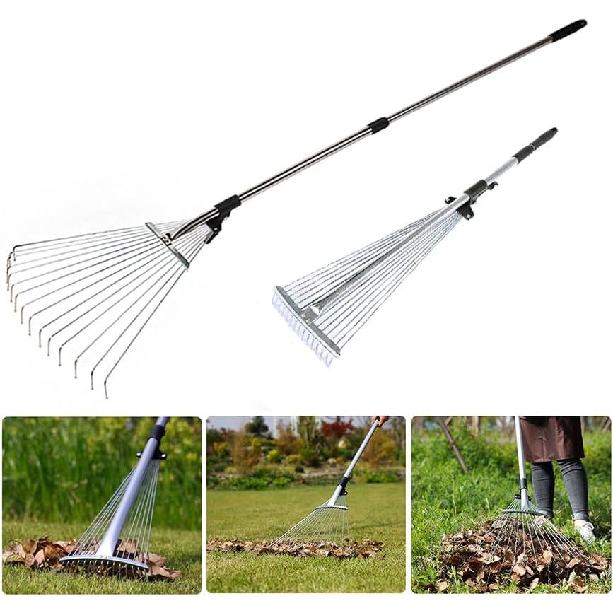 Lawn Rake with Handle,Leaf Rake Metal,Rake Garden,Leaf Broom,Adjustable ...
