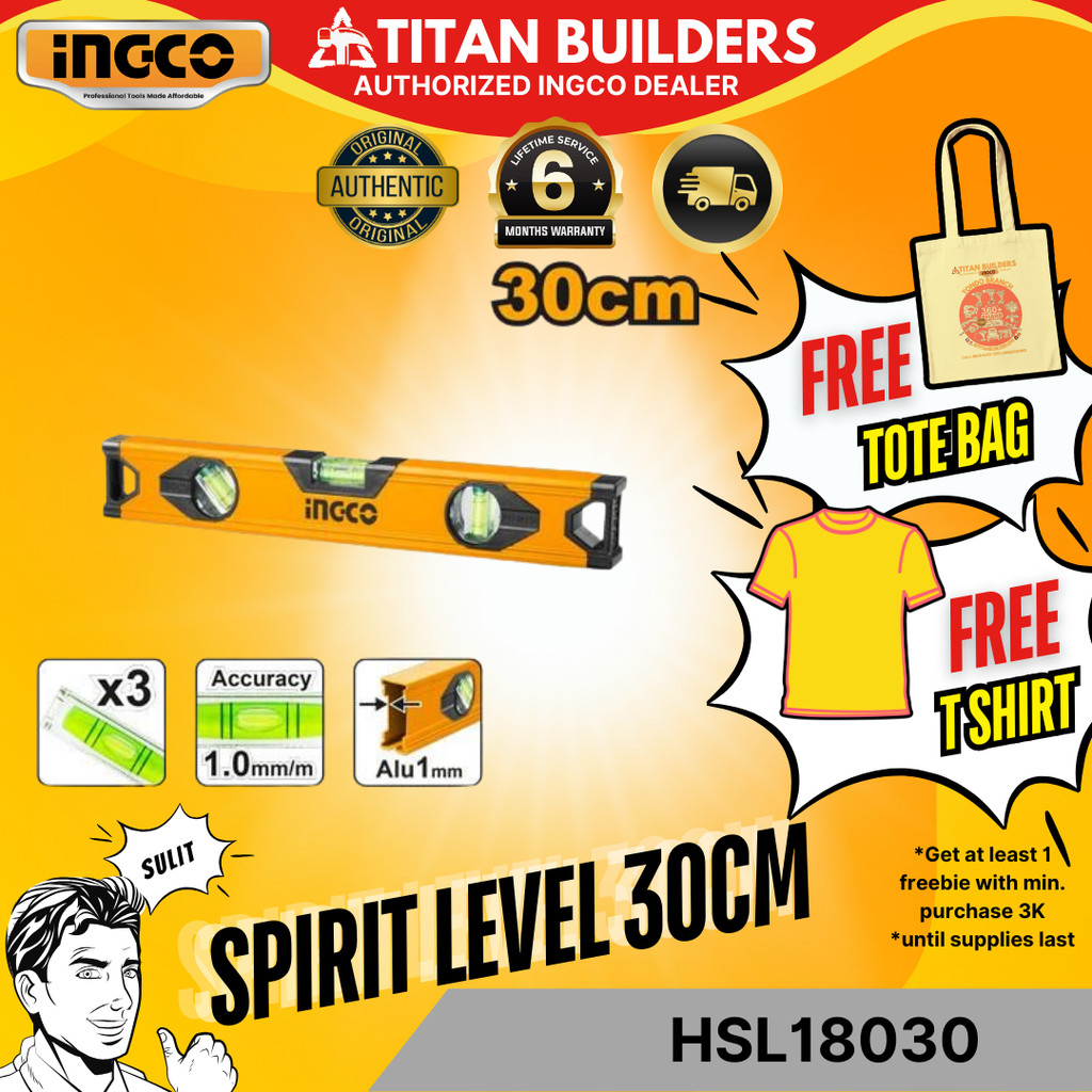 Ingco by Titan Spirit Level 30cm 1mm Thick Aluminum Accurate ...