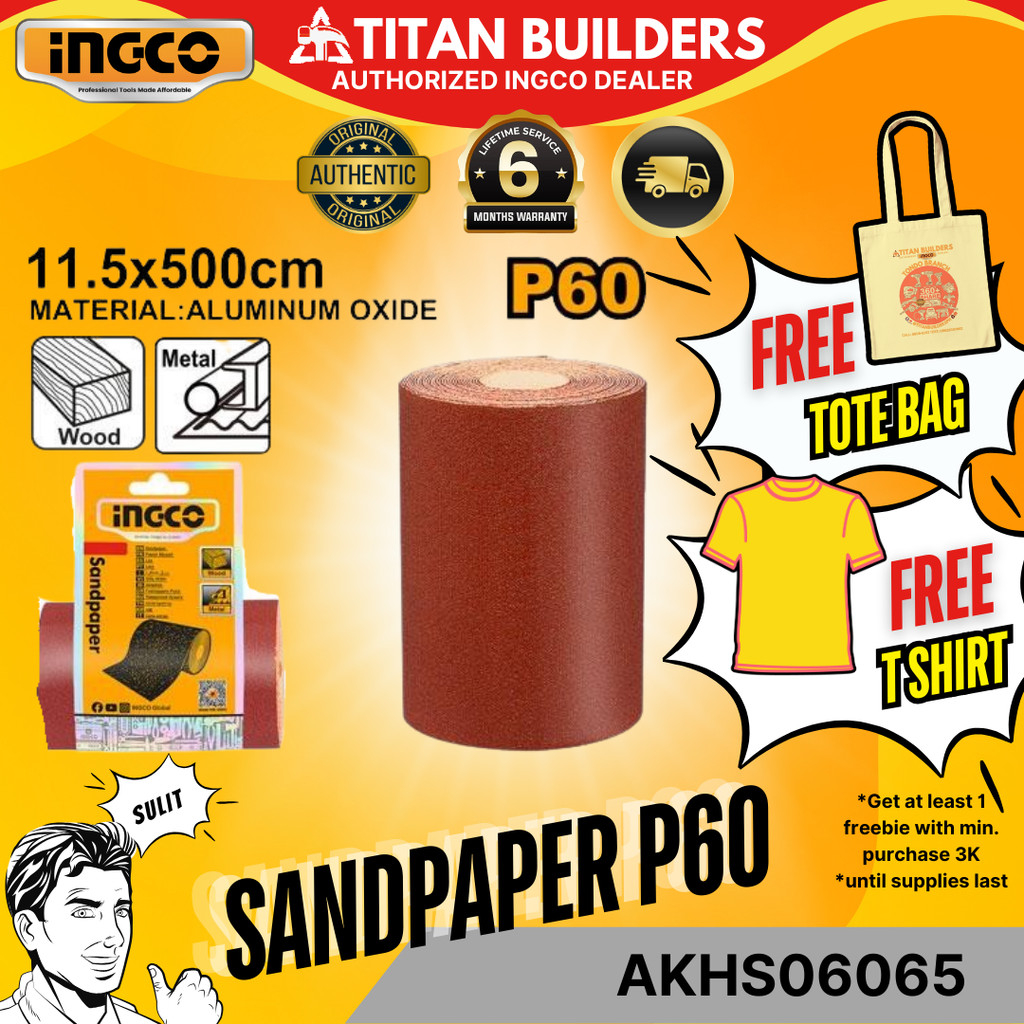 Ingco by Titan Sandpaper P60 11.5x500cm Aluminum Oxide Material Perfect ...