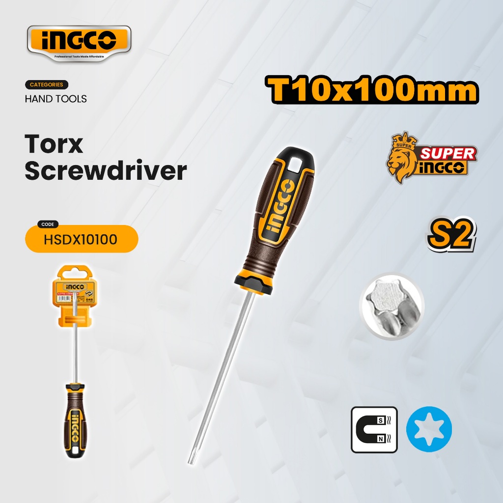 Ingco Torx Screwdriver T10x100mm Star Shape Tip Magnetic Screw Driver ...
