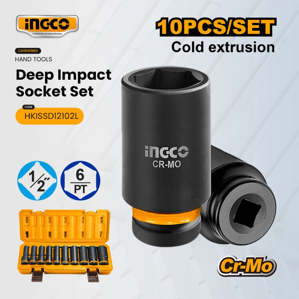 Ingco 10pcs Deep Impact Socket Set 1/2" HD Impact Wrench Deep Drive Hex ...
