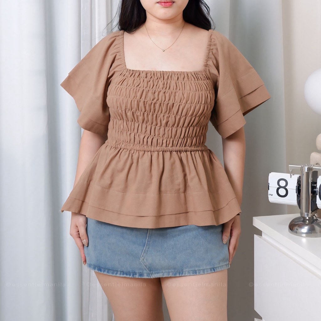 EM414 Mandy Ruffle Sleeves Gartered Peplum Top | Shopee Philippines
