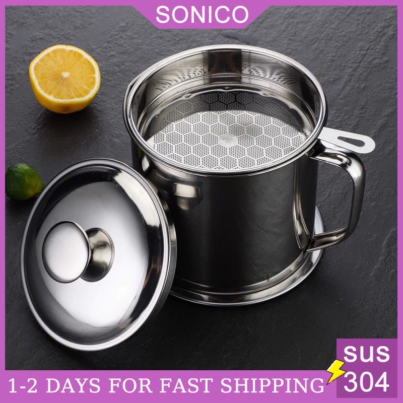 1.3L 304 Stainless Steel Oil Strainer Pot with Lid Filter Cooking Oil ...