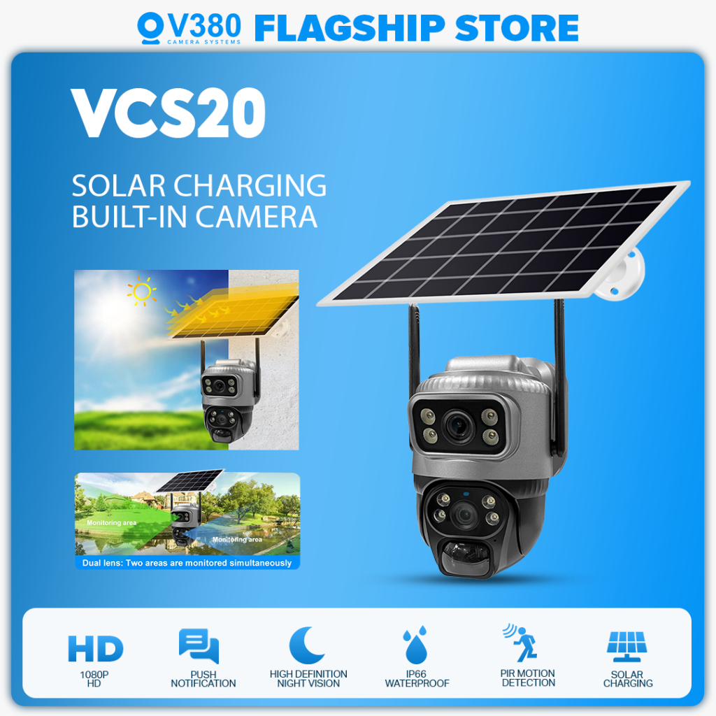 V380 VCS20 Solar-Powered IP66 Waterproof Dual Lens Surveillance Camera ...