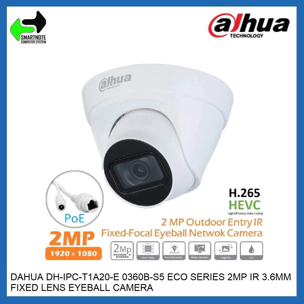 DAHUA DH-IPC-T1A20-E 0360B-S5 ECO SERIES 2MP IR 3.6MM FIXED LENS EYEBALL CAMERA CCTV | Shopee ...