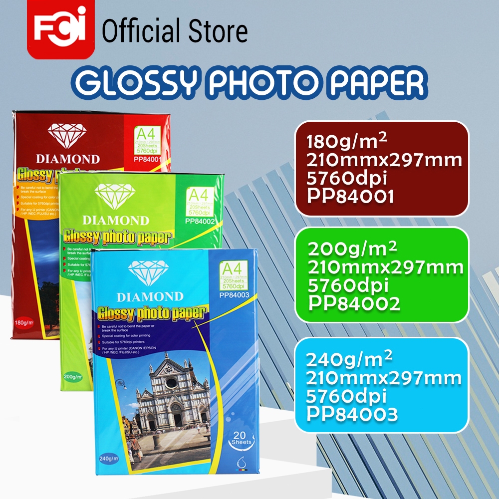 FCI Glossy Photo Paper A4 Size 180gsm/200gsm/240gsm 20 Sheets ...