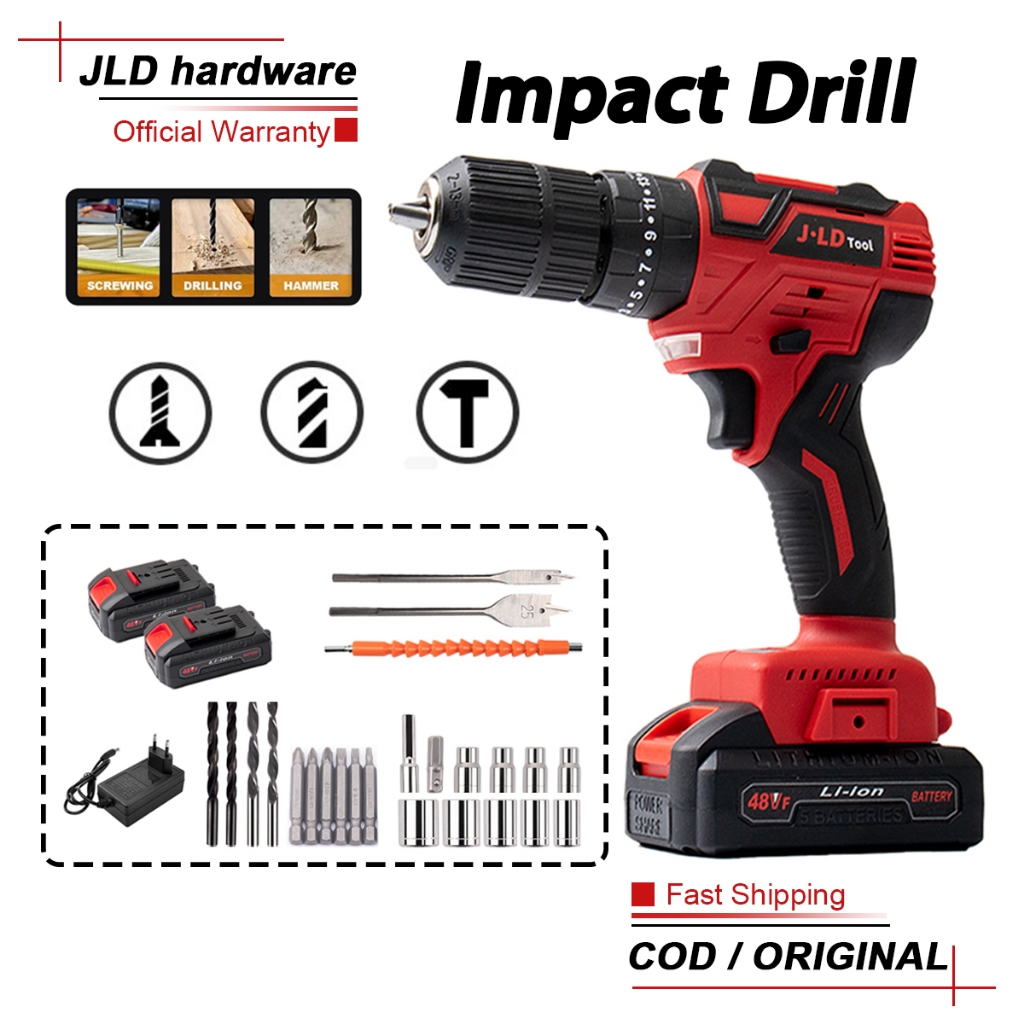 JLD 48V Brushless Cordless Drill Set Heavy Duty 25+3 Speed Impact Drill ...