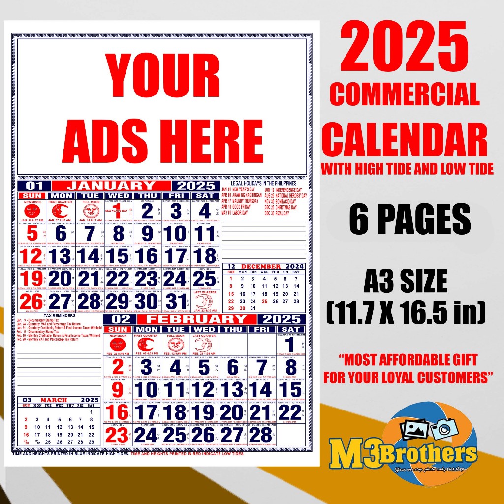 A3 SIZE (11.7 X 16.5inches) 2025 COMMERCIAL CALENDAR with HIGH TIDES ...