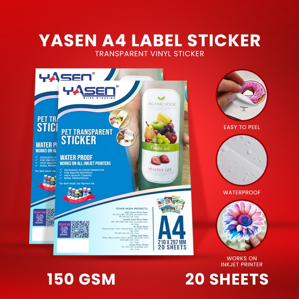Yasen A4 Transparent Vinyl Sticker Paper 150GSM High Quality Coating ...