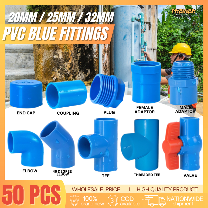 50 PCS PVC Coupling Tee Elbow Adaptor Valve Blue Fittings 1/2 to 1 ...