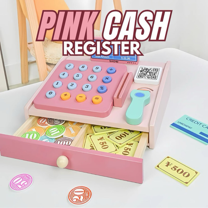 Wooden Pink Cash Register Pretend Play Toys with Play money Coins ...