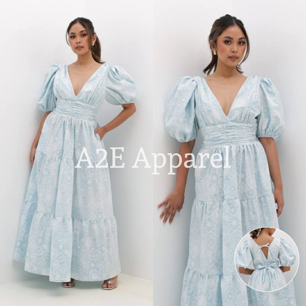 A2E | DONNA EMBOSSED DRESS | Premium Puff Sleeves Low Neckling Waist ...