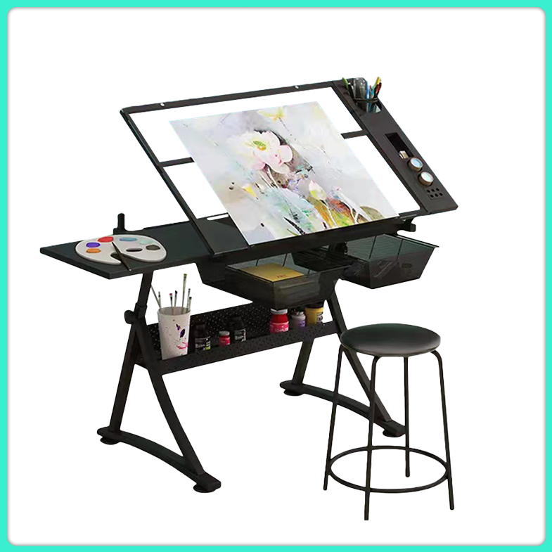 Drafting glass table with extra side table drawers and leather padded ...