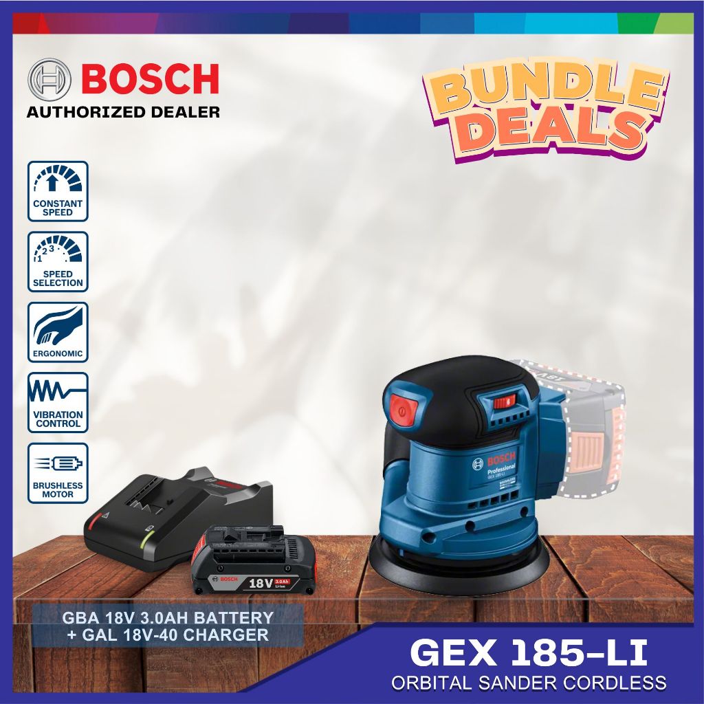 Bosch GEX 185-LI Orbital Sander Cordless HD-CORDLESS 18V + 3.0 Ah Battery & Charger - 06013A5080 ...