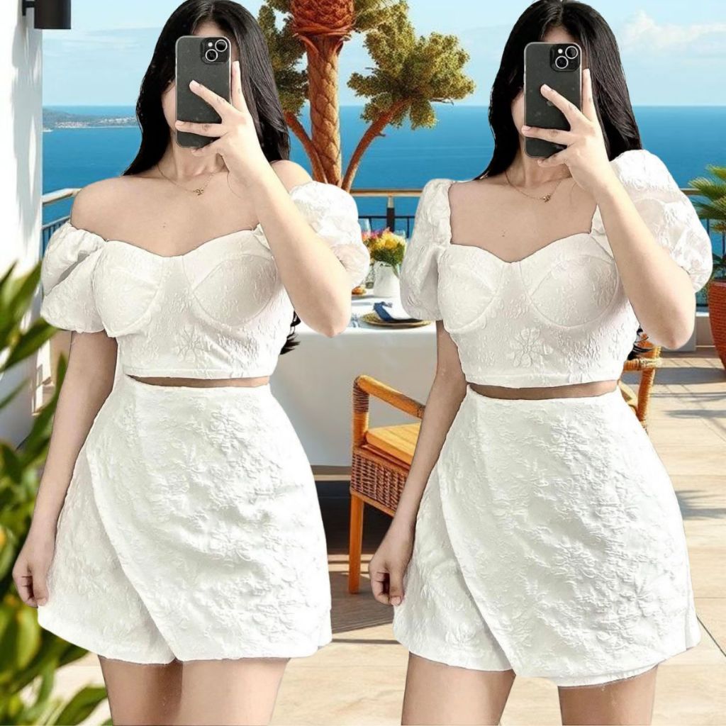 Terno Skort 2 Way Off Shoulder Padded Top Puff Sleeve Sexy Set & Coords ...