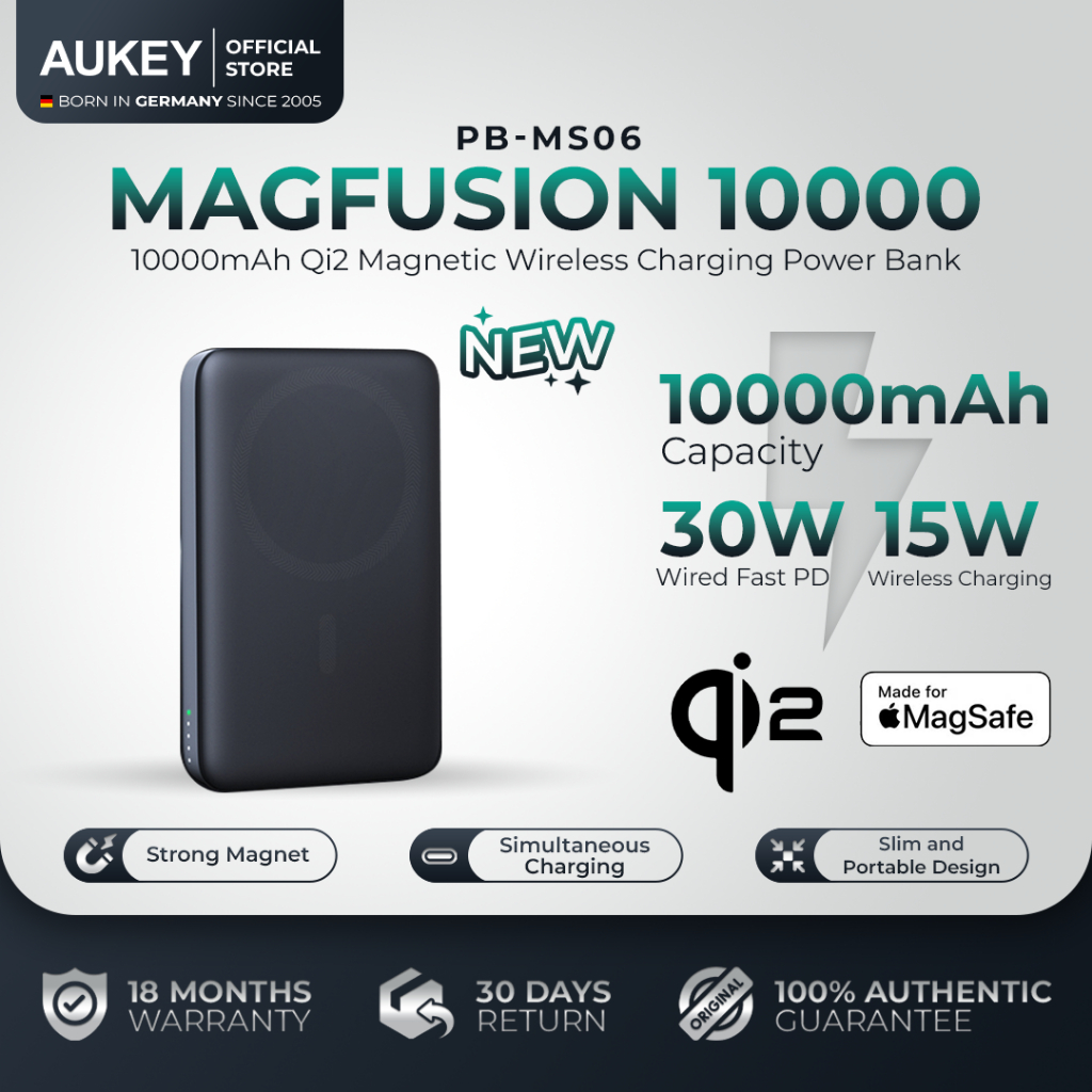 AUKEY PB-MS06 MagFusion 10000mAh 30W Qi2 Magnetic Wireless Charging Power Bank for travel ...