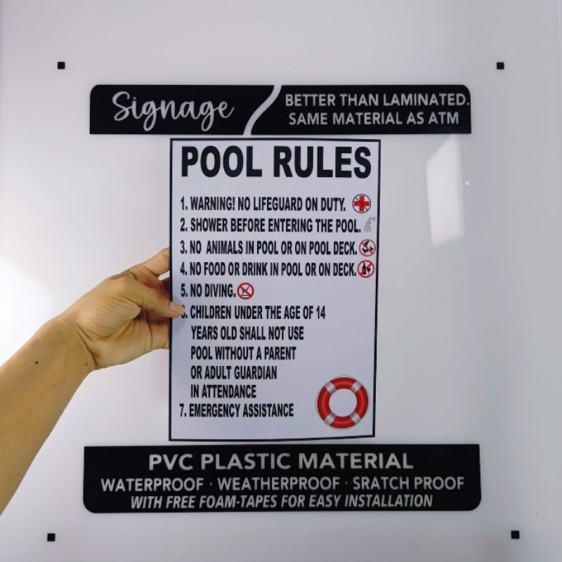 SIGNAGE - POOL RULES - WARNING! NO LIFEGUARD ON DUTY - PVC PLASTIC MATERIAL SIGNAGE - A4, A5, A6 ...