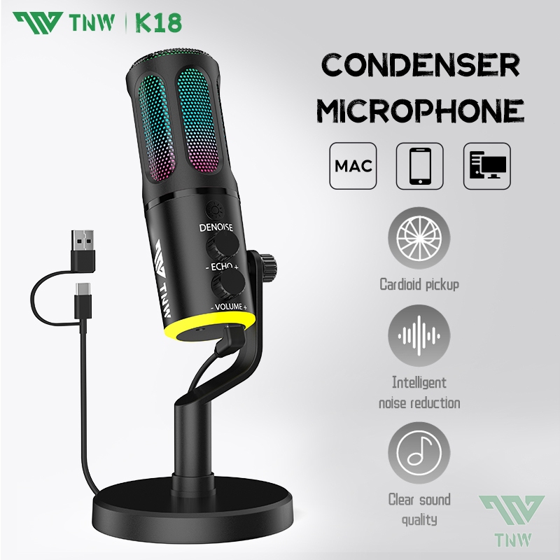 TNW K18 USB Condenser Microphone RGB Gaming Mic Noise Canceling For Phone PC videoke Live ...