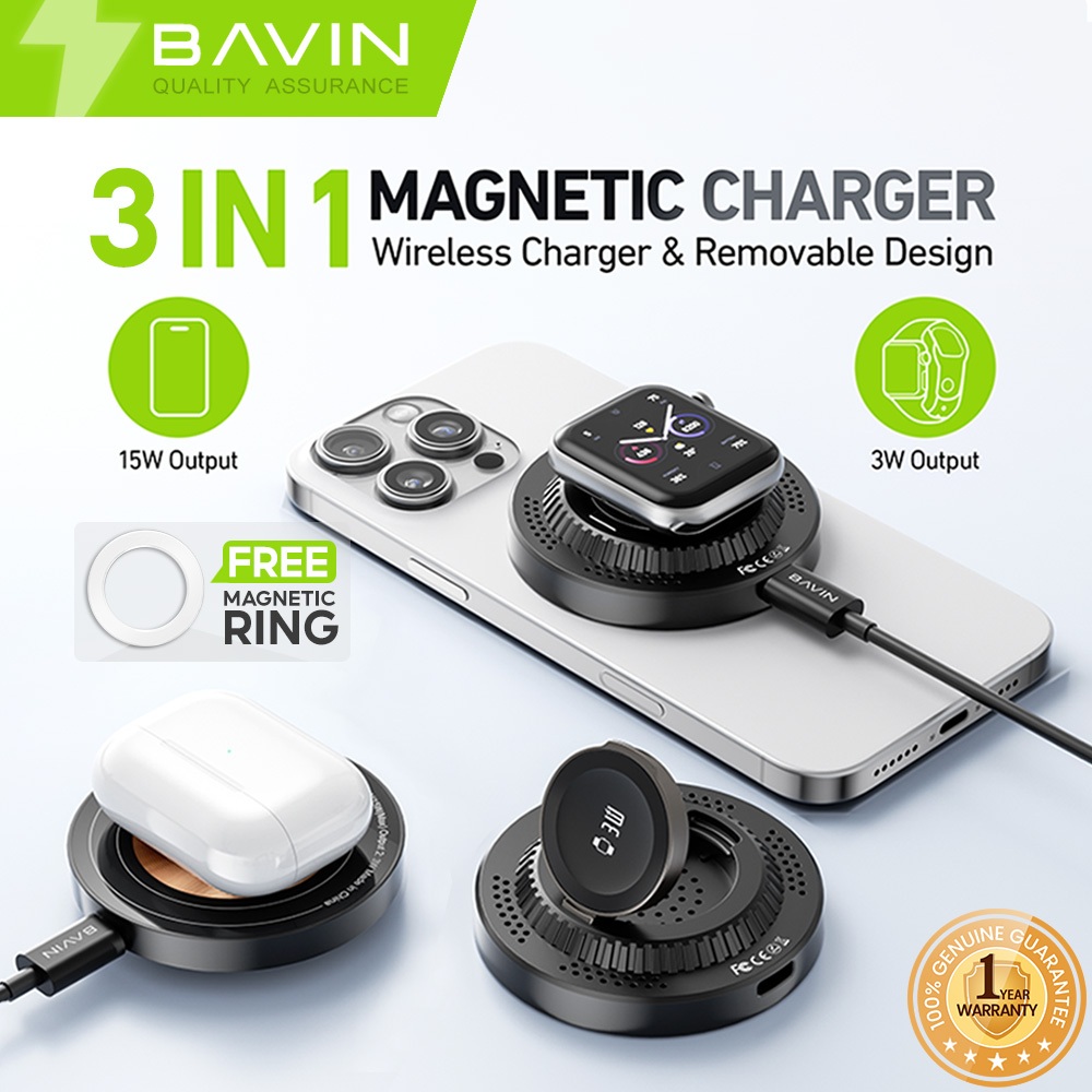 BAVIN PC1129 3 in 1 Fast Charging Magnetic Qi Wireless Charger w/ 15W Devices & 3W for ...