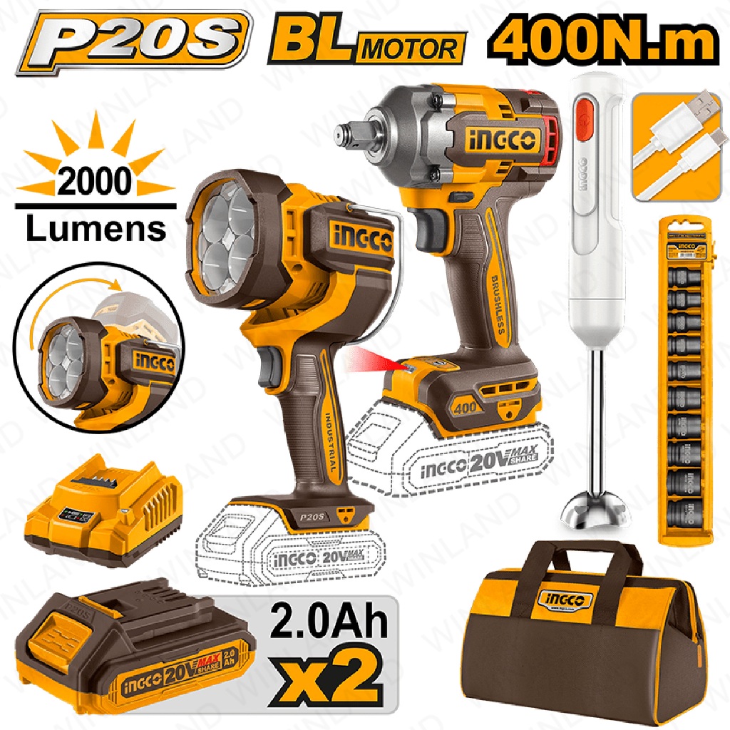 Ingco by Winland P20S/20V 4PCS Combo Kit with Lithium-Ion Cordless ...