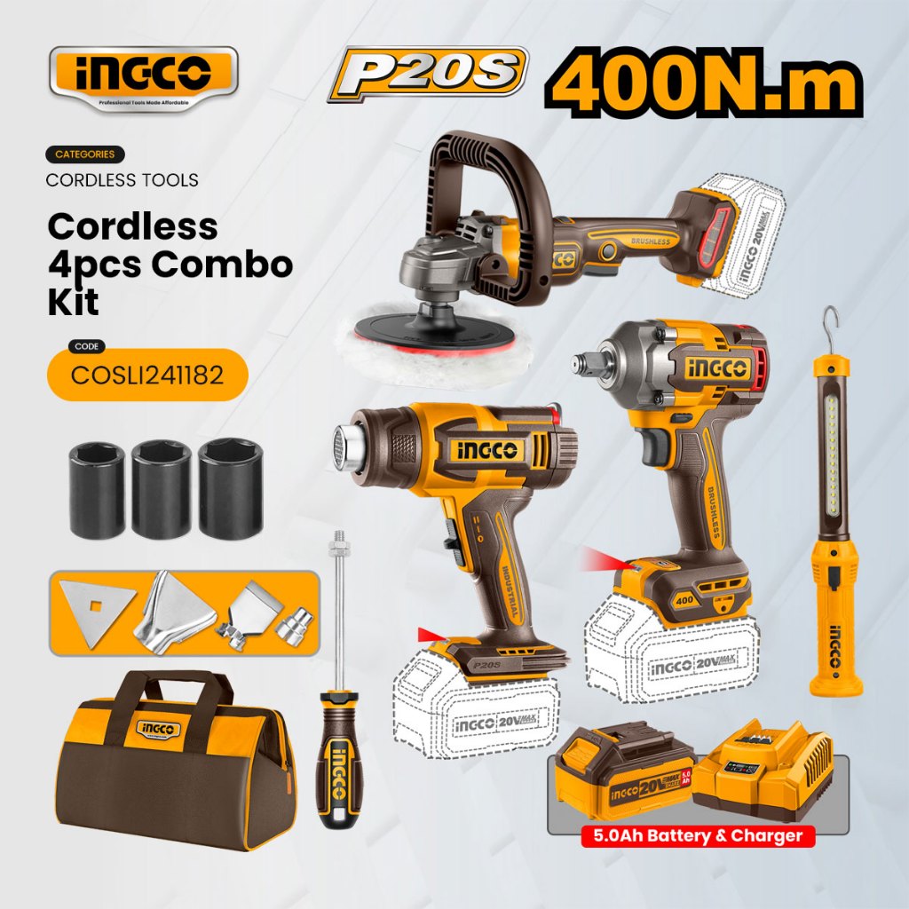Ingco 4pcs Cordless Combo Kit 400Nm Brushless Impact Wrench w/ Polisher ...