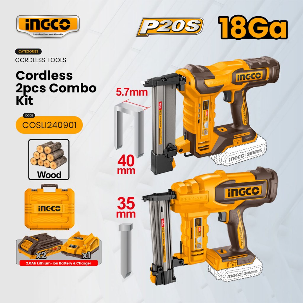Ingco 2pcs 20V Cordless Combo Kit F15-F35 Brad Nailer w/ Crown Stapler ...