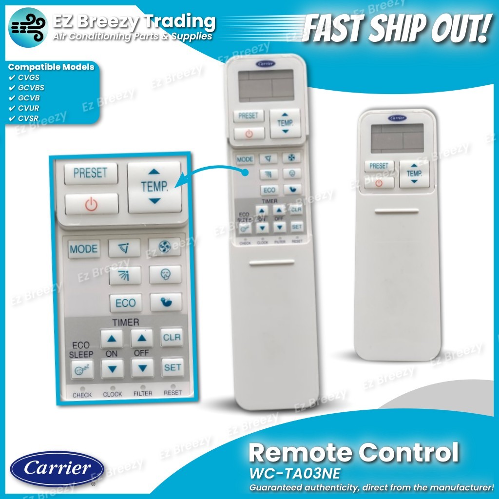 Remote control for Carrier Split Type Inverter Aircon A/C | 1HP - 2.5HP ...