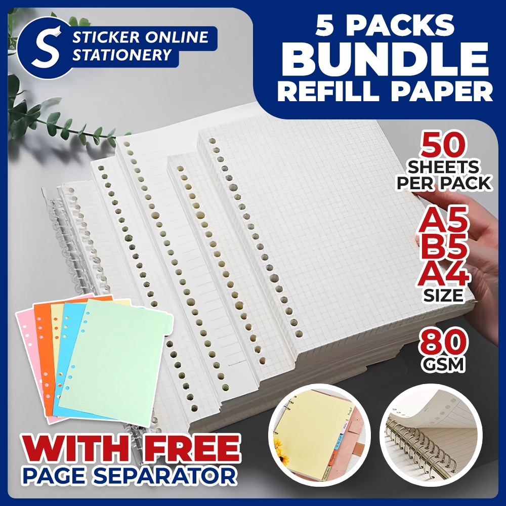 5PACKS Bundle Refill Paper 300sheets A5/B5/A4 FREE PAGE SEPARATOR 20/26 ...
