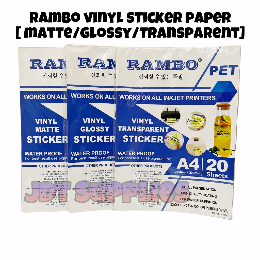 Rambo Vinyl Sticker Paper A4 - Glossy / Matte / Transparent [20 Sheets] | Shopee Philippines