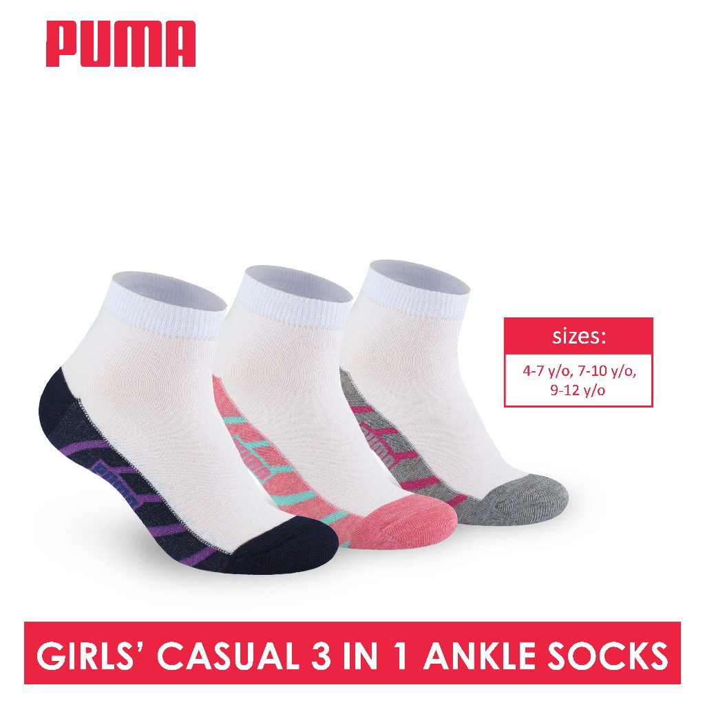 Puma Girls’ Cotton Lite Thin Casual Ankle Socks 3 pairs in a pack ...