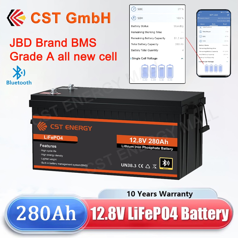 12V 280Ah Lithium Battery Bluetooth Lifepo4 Battery, CST ENERGY 10000 ...