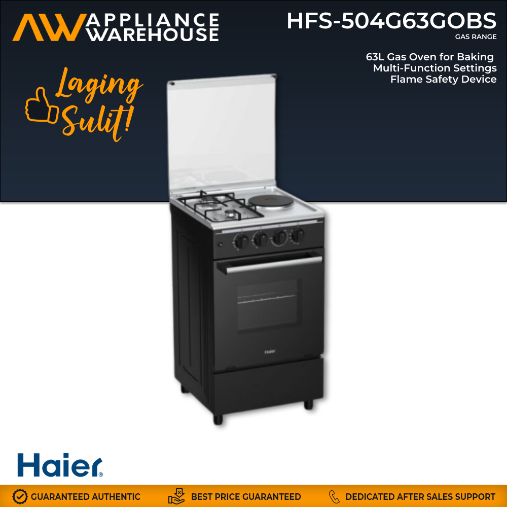 Haier HFS-504G63GOBS 50cm 4 Gas Burners with 63L Double Burner Gas Oven ...