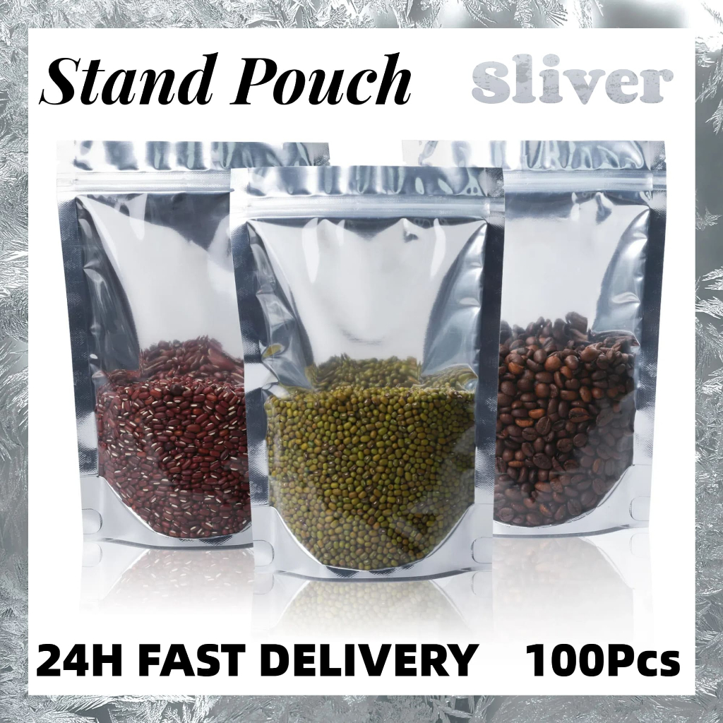 100pcs Half Silver Aluminum Half Clear Stand Up Pouch Packaging Zip Lock Resealable for business ...