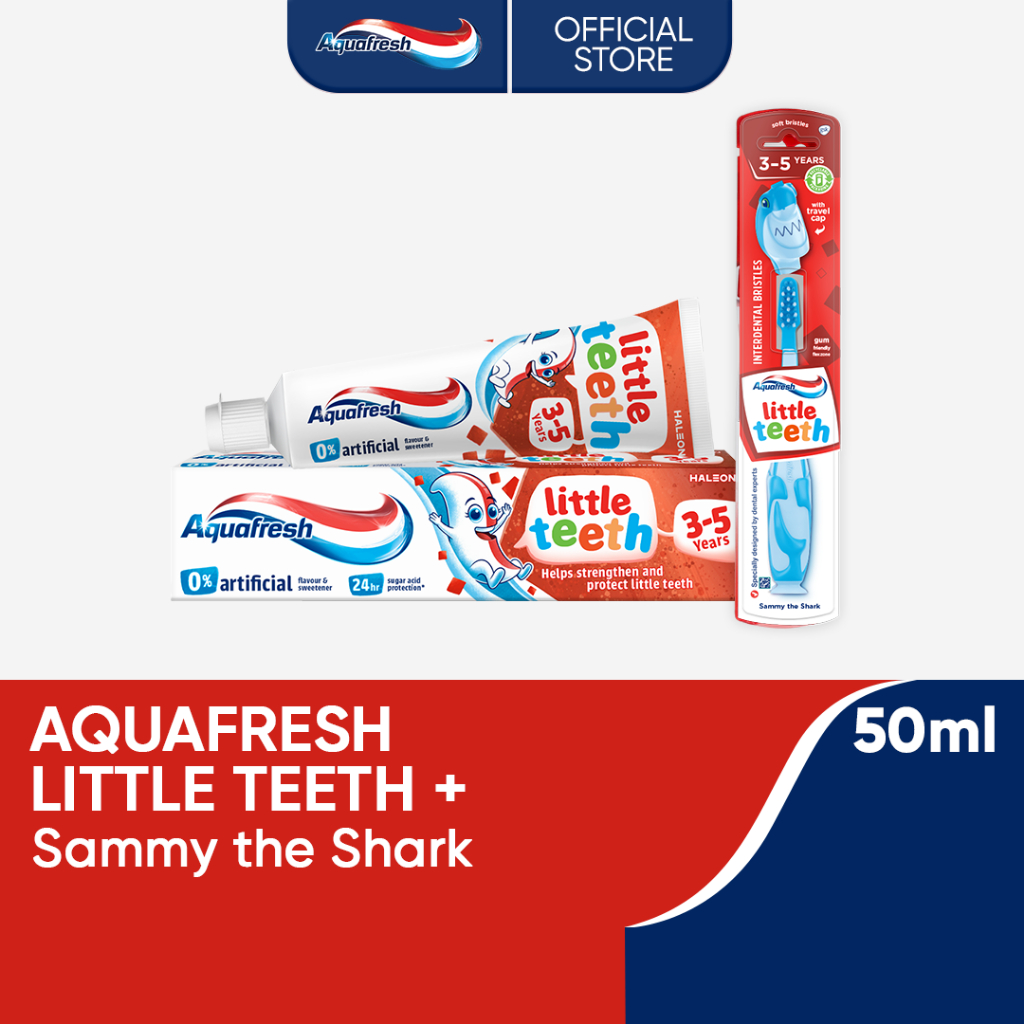 Aquafresh Little Teeth Toothpaste 50ml with Sammy the Shark Toothbrush ...