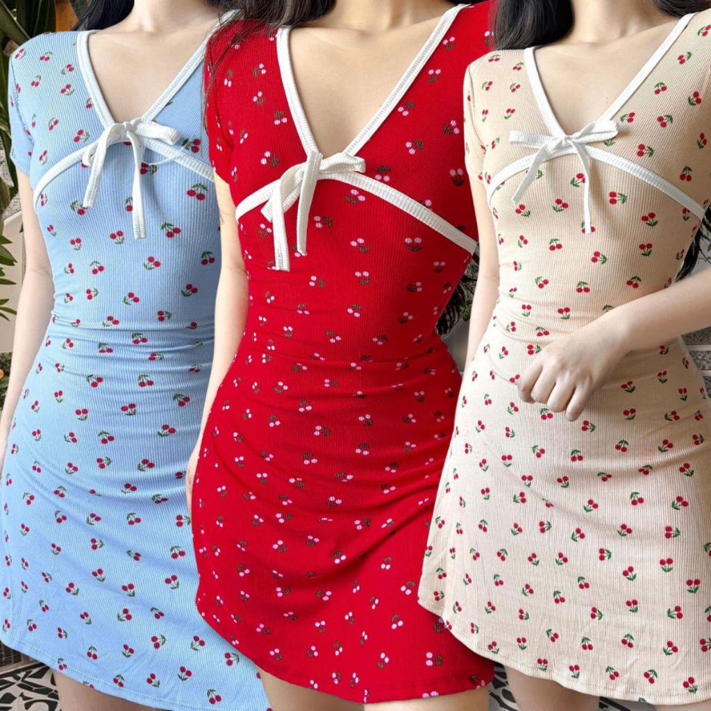 basic mini Cherry Combi Dress for womens V-Neck/Shortsleeve dress fit ...