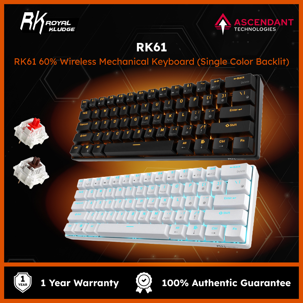 RK Royal Kludge RK61 | 60% Wireless Mechanical Keyboard | Hot Swappable ...