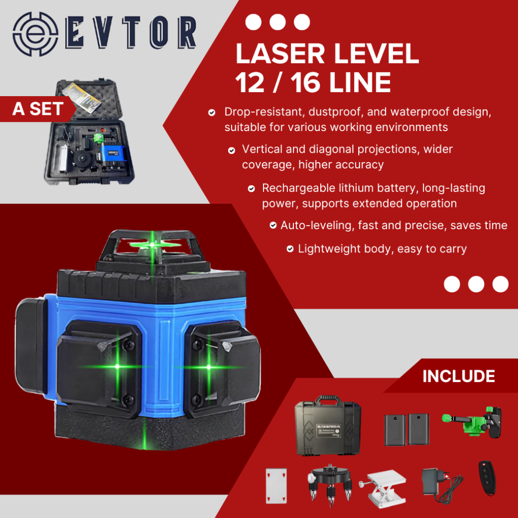EVTOR 12/16 Line Laser Level Green Light Self-Leveling 360° Rotary ...