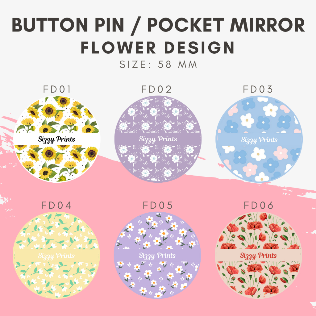 Personalized Button Pin Badge / Pocket Mirror (Flower Design) | Sizzy ...