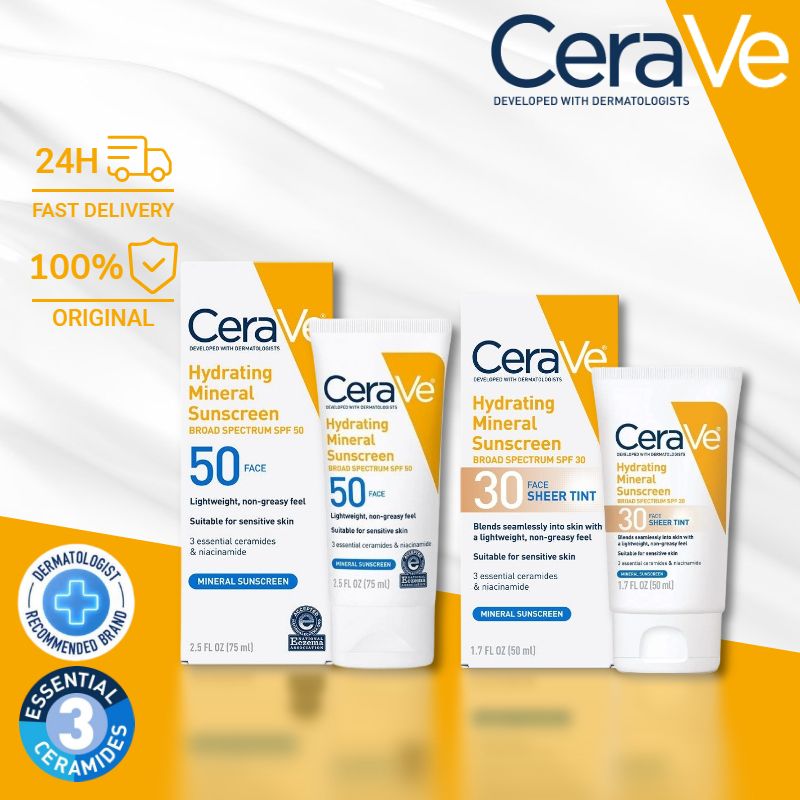 CeraVe Hydrating Mineral Sunscreen SPF 30 (50ml/75ml) Lightweight Sunscreen Sunblock For Face ...