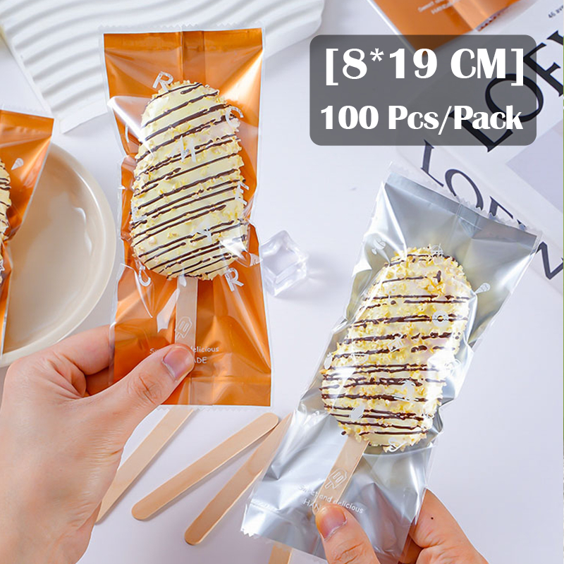 (100pcs) 8x19 CM Pastry Plastic Wrapper Seal Graham Bar Ice Cream Gold ...