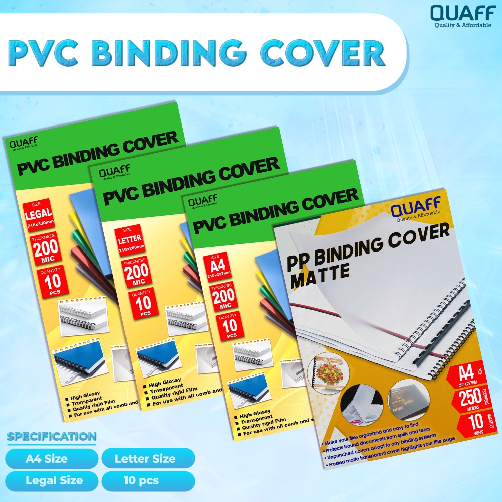 10 sheets Quaff Binding Cover Short - A4 - Long Size PVC Clear & PP Frosted Matte Binding Cover ...
