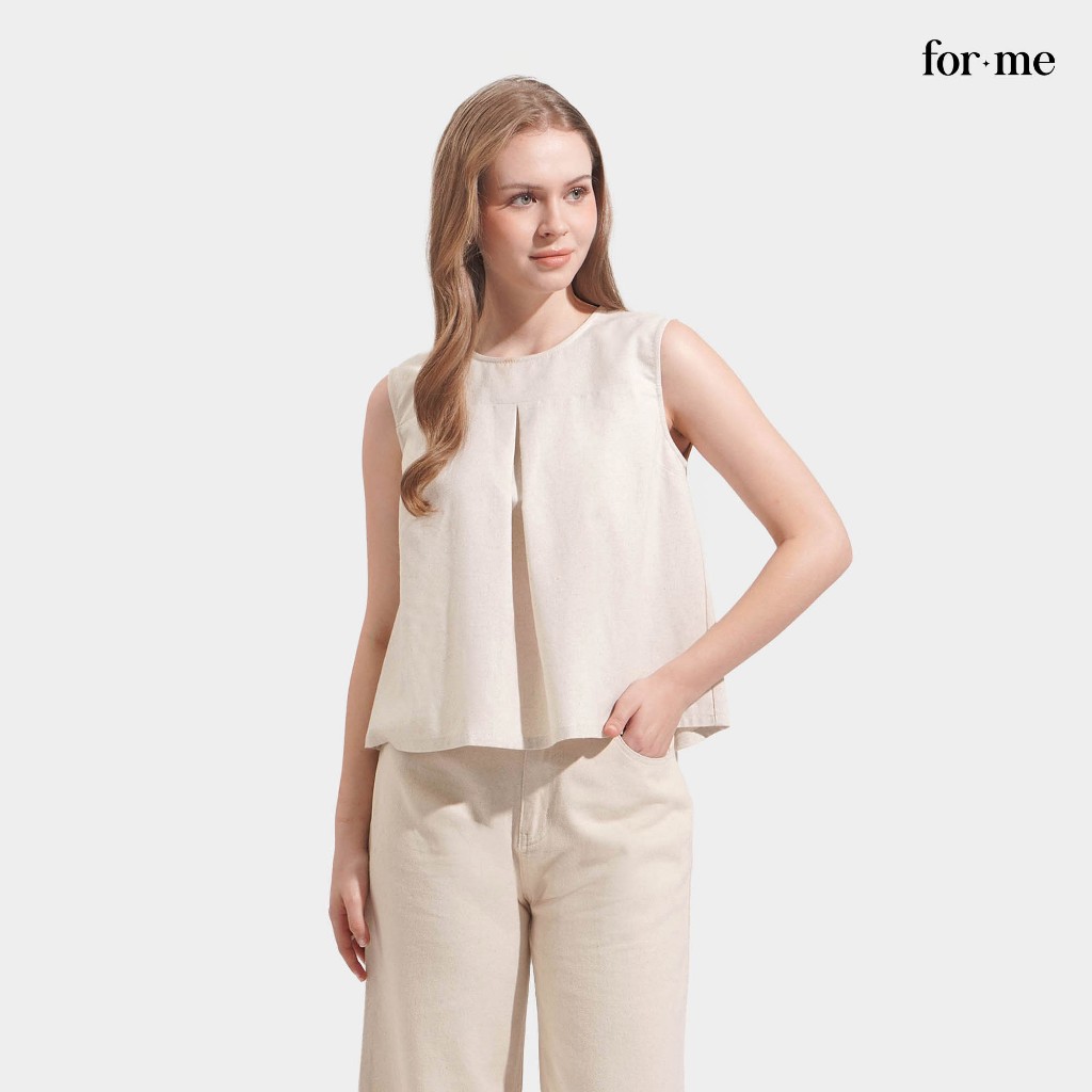 ForMe Linen Pleated Sleeveless Top For Women (Beige) | Shopee Philippines
