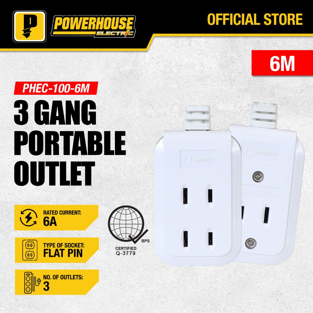 POWERHOUSE Electric Extension Cord 3 gang Portable Socket Outlet Flat ...