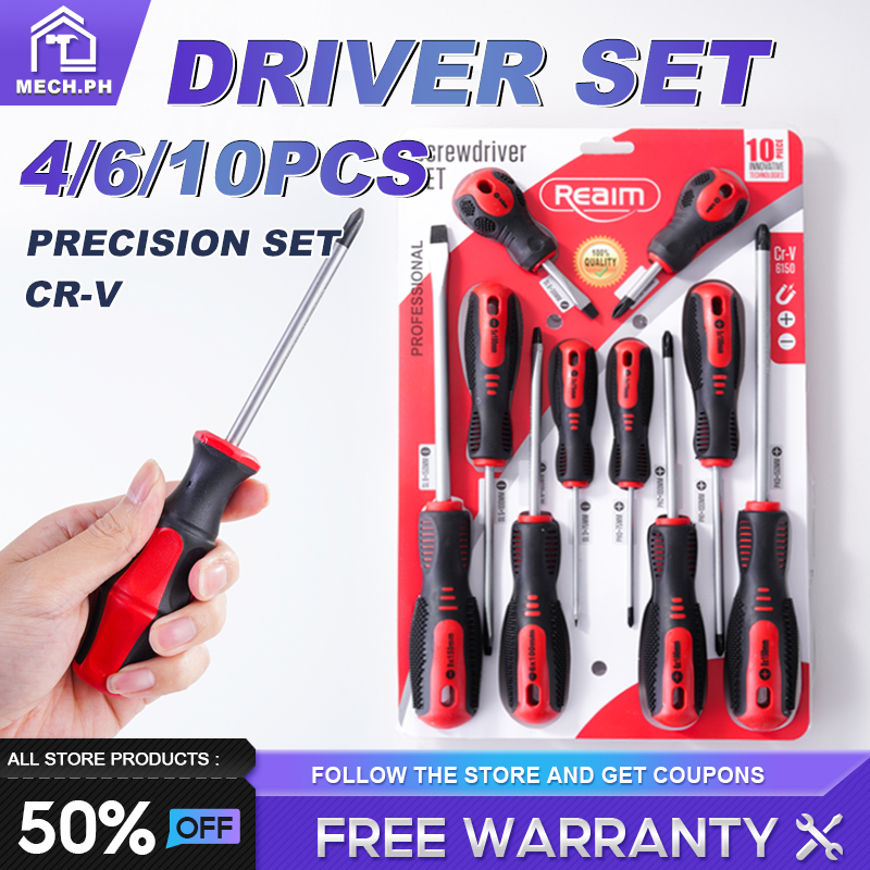 REAIM Screw Driver Set 10/6/4pcs precision screwdriver set Rubber Handle (Philip/Flat) | Shopee ...